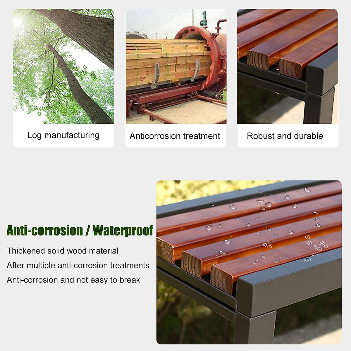 Garden Bench Park Slatted Seats Patio Loveseat, Outdoor Wooden Backless Porch Bench Metal Frame Chair, Lawn Front Porch Path Yard Decor Deck Furniture for 2-3 Person Seat, For Hospital/School/Plaza