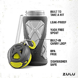 Zulu Torque 16oz Plastic Kids Water Bottle with Silicone Sleeve and Leak-Proof Locking Flip Lid and Carry Loop for School Backpack, Lunchbox, Outdoor Sports, BPA-Free Dishwasher Safe, Grey/ Green
