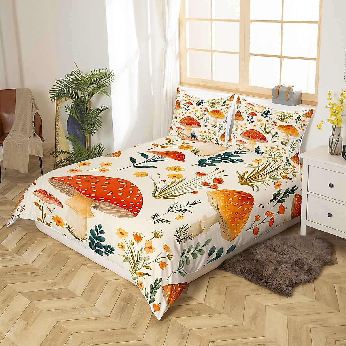 Feelyou Mushroom Bedding Set Natural Wild Fungus Duvet Cover for Kids Boys Girls Plant Botanical Boho Comforter Cover Wild Mushroom Bedspread Cover Queen Size
