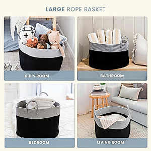 OrganiHaus Gray & Black Throw Blanket Basket for Living Room 20x13, Large Woven Baskets for Storage, Cotton Rope Baskets with Handles, Big Nursery Laundry Basket, Blanket Bin & Pillow Basket