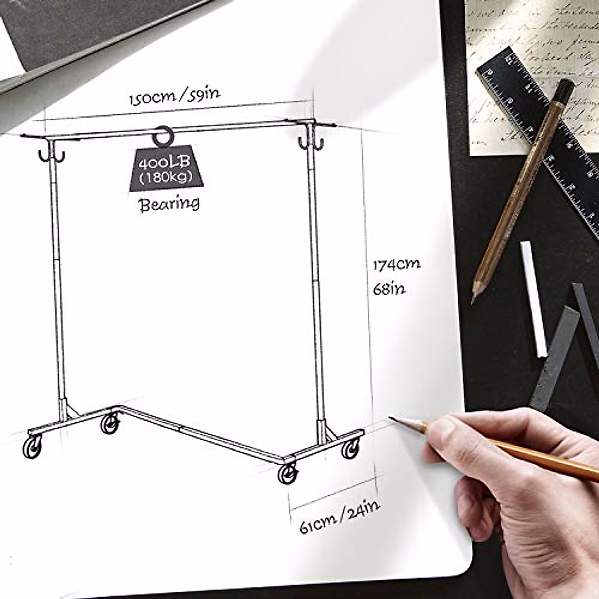 GREENSTELL Clothes Rack with Cover & Tube Bracket, Industrial Pipe Z Base Clothing Garment Rack on Wheels with Brakes, Heavy Duty Sturdy Square Tube Garment Rack White (59x24x68 inch)