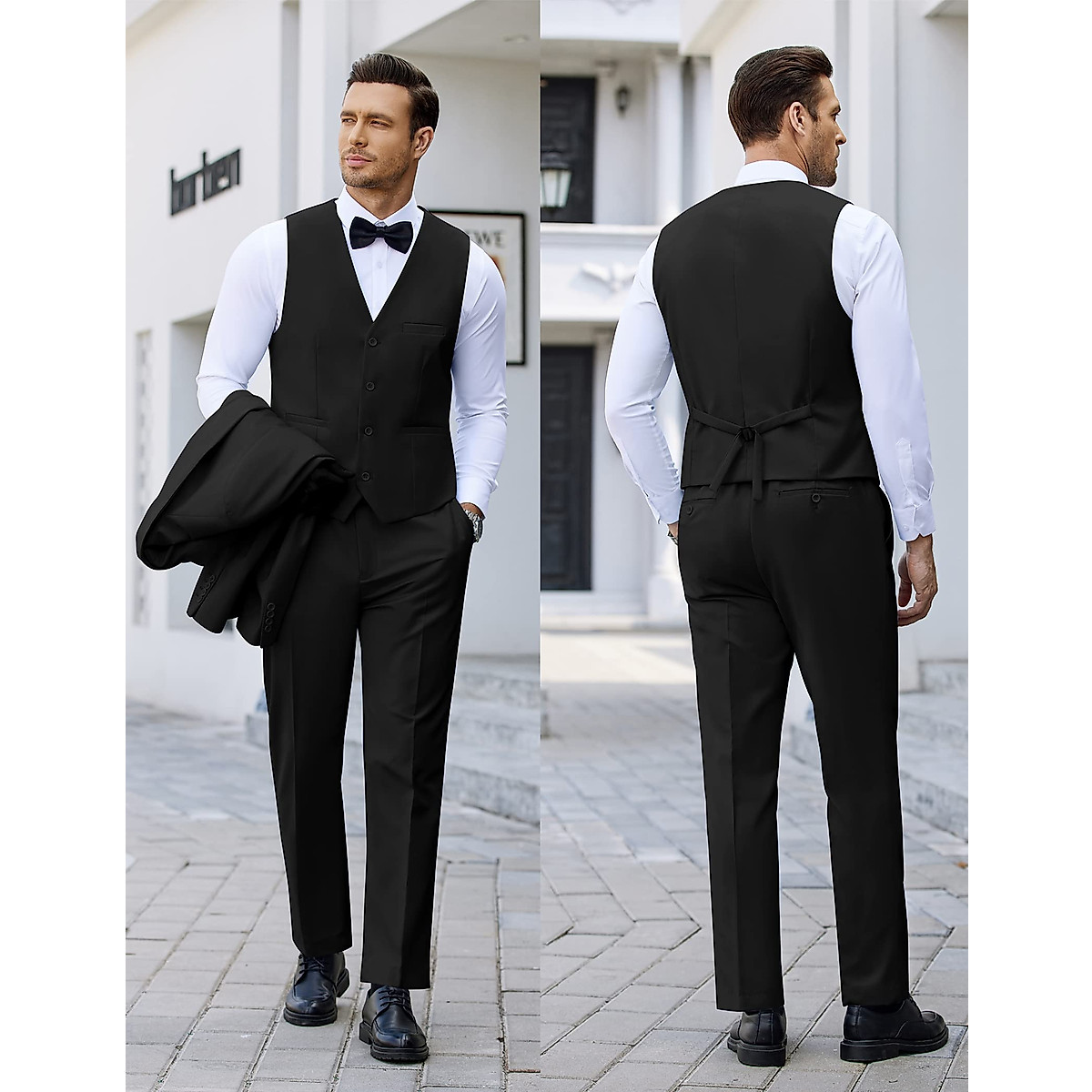 COOFANDY Mens Slim Fit 3 Piece One Button Business Wedding Prom Suits Blazer Tux Vest & Trousers Black X-Large