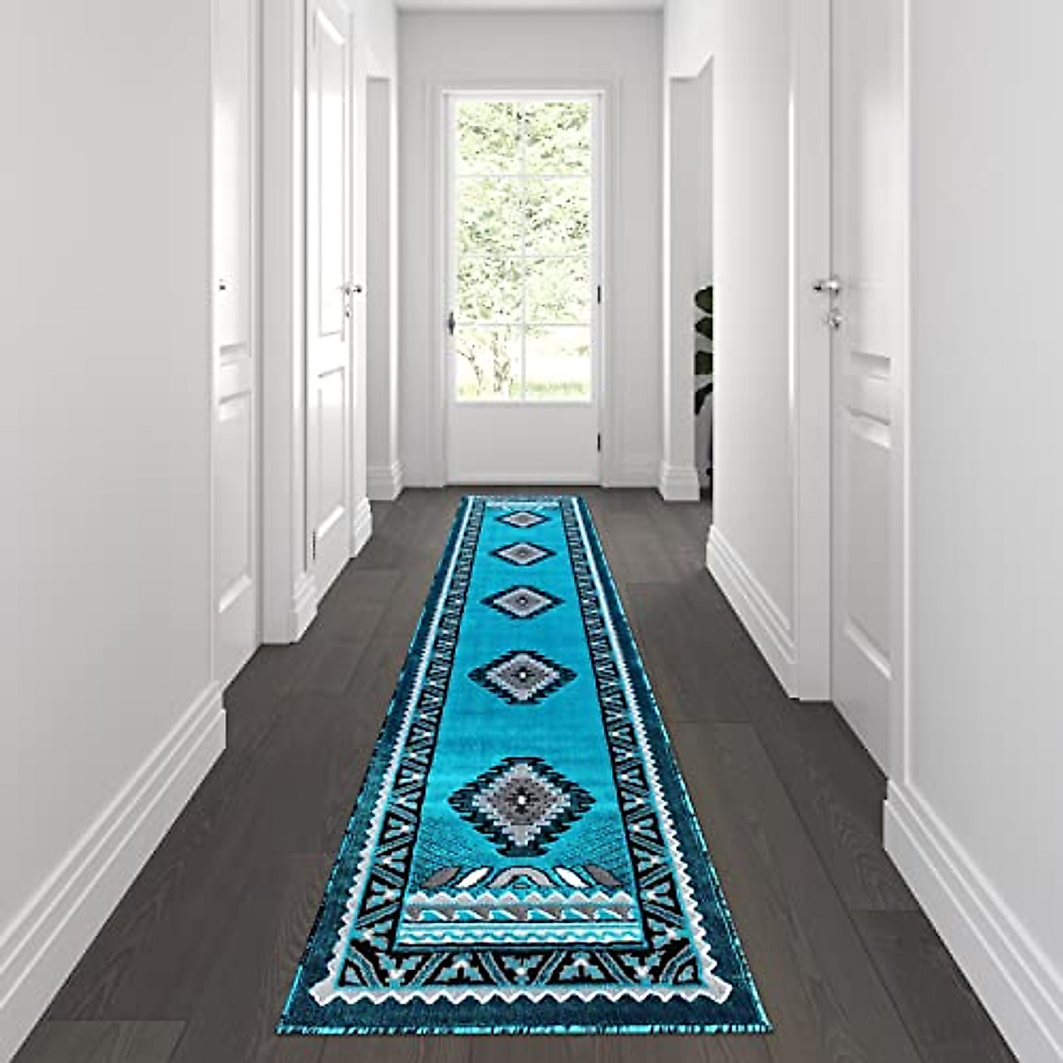 Flash Furniture Ventana Collection Southwestern Accent Rug - Low Pile Turquoise Olefin Rug - 2 x 10 Area Rug - Jute Backing - Hallway, Entryway, Bedroom, Living Room