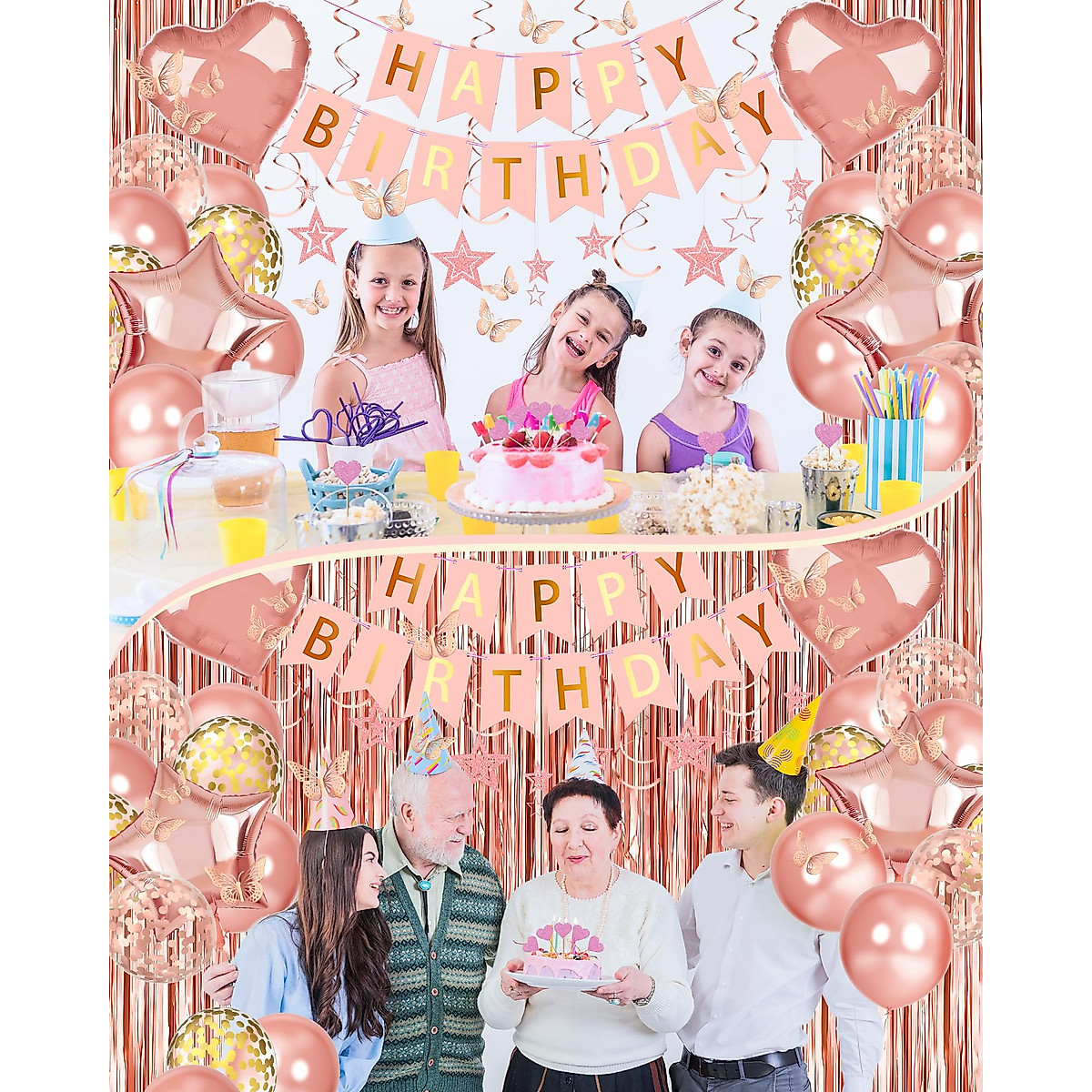 Lutoys Rose Gold Happy Birthday Party Decorations, Happy Birthday Banner, Rose Gold Foil Heart Star Confetti Balloons Curtain Backdrop Hanging Swirls Butterfly Party Decor for Girls Women Princess