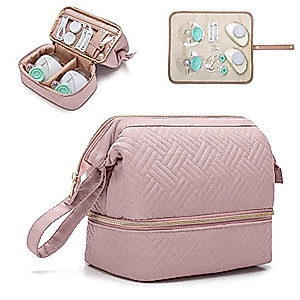 Fasrom Wearable Breast Pump Bag Compatible with Willow, Elvie Pumps and Medela Pump in Style, Double Layer Carrying Case with Waterproof Mat and Insulated Pockets, Pink (Patent Design)