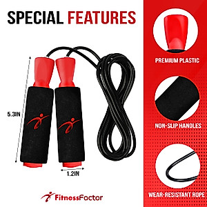 Fitness Factor Jump Rope With Adjustable Length, Tangle-Free Skipping Rope for Gym Workout,Crossfit, Fitness Exercise, WOD, Boxing, MMA, Endurance Training Include Carrying Pouch (Red)