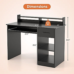 IFANNY Computer Desk, Office Desk with Drawers, Hutch, Keyboard Tray & Adjustable Shelf, Small Desk with Storage, Modern Home Office Desks, Black Desk for Bedroom, Living Room, Study (Black)