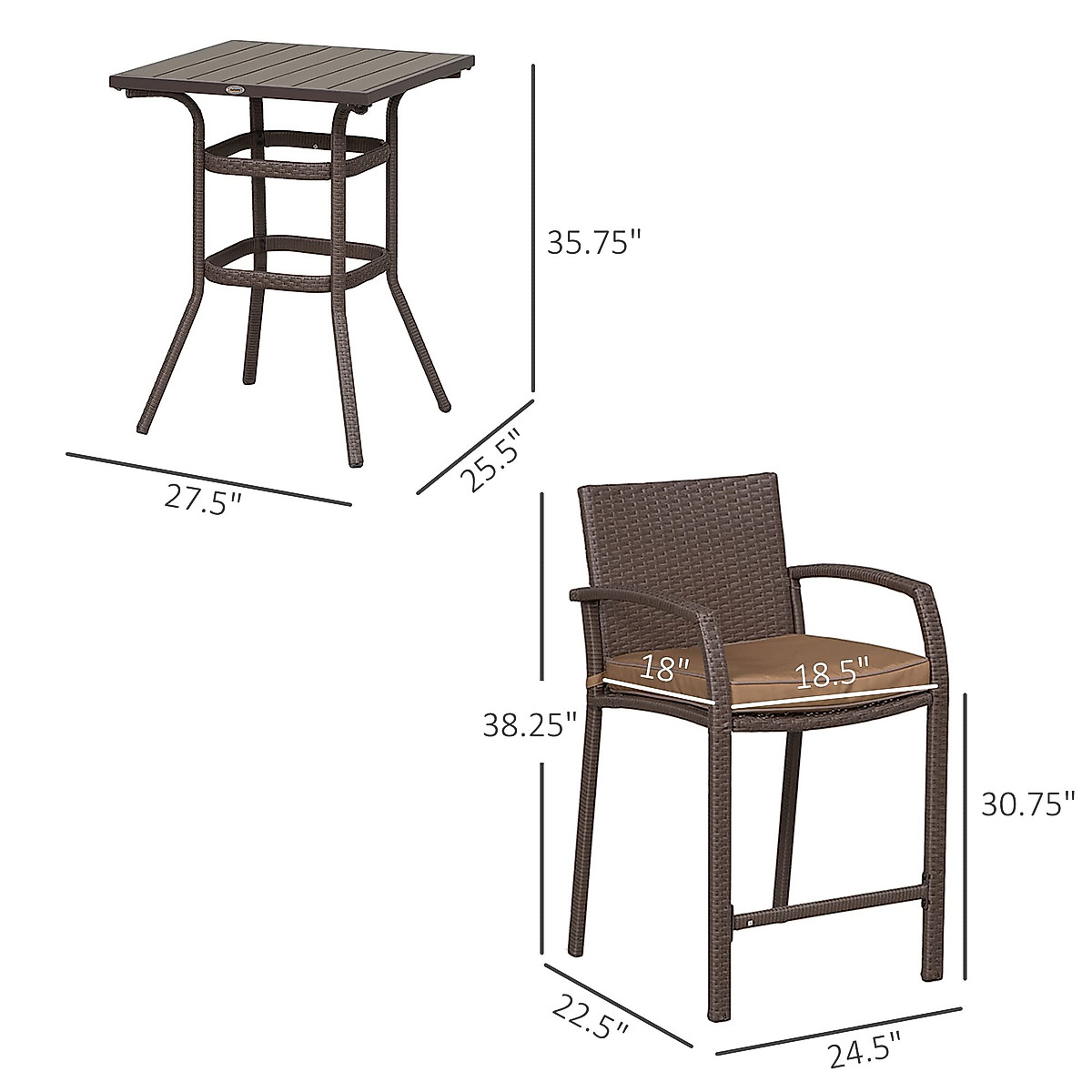 Outsunny 3 PCS Rattan Wicker Bar Set with Wood Grain Top Table and 2 Bar Stools for Outdoor, Patio, Poolside, Garden, Brown