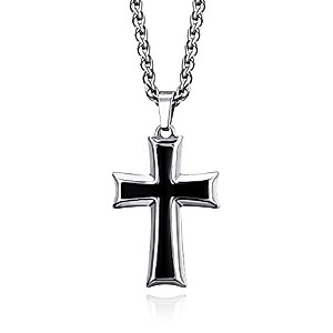 HZMAN Mens Stainless Steel Cross Pendant Necklace Flower Basket Chain (Silver)