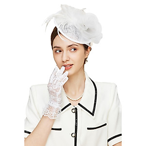 Gionforsy Fascinators Hats for Women Feather Kentucky Derby Hats with Pearl Necklaces Lace Gloves Wedding Veil Hat (US, Alpha, One Size, White)