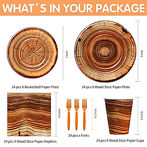 Xenorik Wood Grain Slice Paper Plates And Napkins Party Supplies For Birthday Baby Shower Wedding - Wooden Plates, Cup, Napkin, Fork, Lumberjack Camping Hunting Party Decorations Tableware | Serve 24