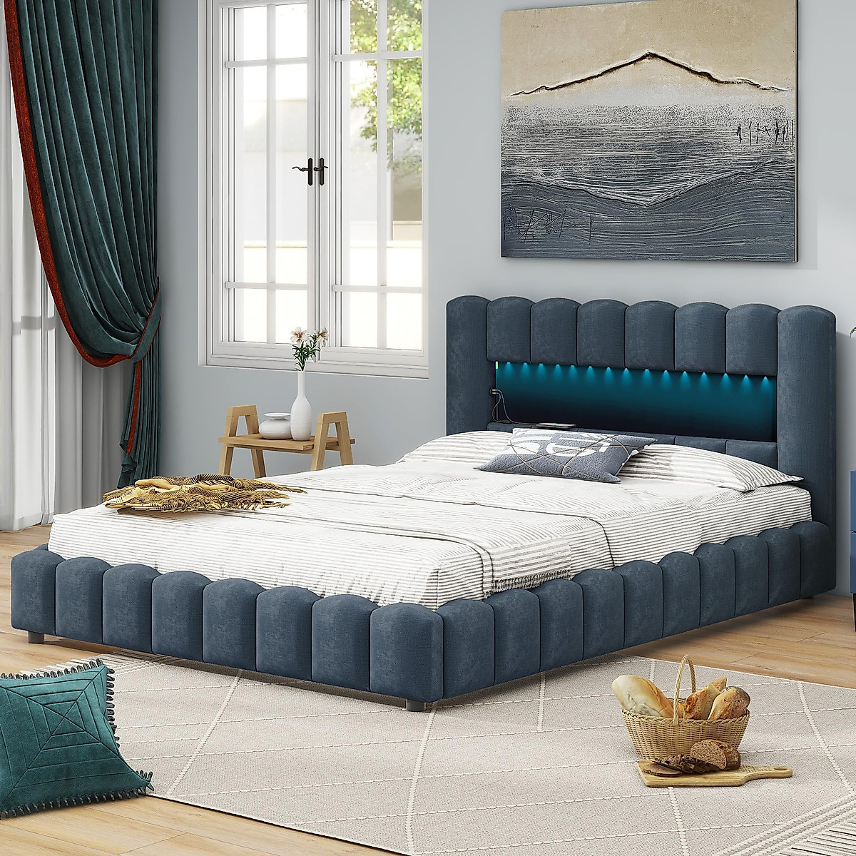 FEELHOME Queen Size Lift Up Storage Bed/Button Tufted Wingback Headboard/Hydraulic Storage/Upholstered Platform Bed Frame/No Box Spring Needed/Wood Slats Support/Light，Deep Blue