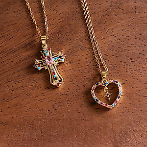 Agriajun Colorful Gold Cross Pendant Y2k Necklace for Women - Cute Multicolor Pink Crystal Cubic Zirconia Turquoise Stone Gothic Cross Necklaces Costume Christmas Goth Chain Prom Jewelry Gift