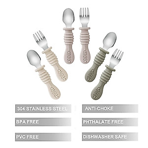 PandaEar 6 Pack Toddler Fork and Spoon Utensil Set, Baby Silicone Stainless Steel Silverware Spoon Fork for Babies Kids, BPA Free (Walnut&Linen&Brown)