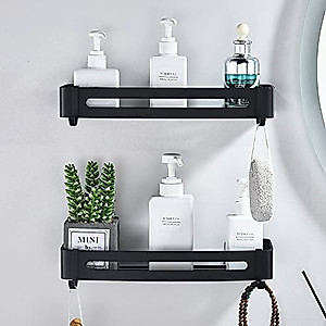 Black Shower Caddy, Metal Shower Shelf Wall Mounted Bathroom Shelves with Hooks, Shower Organizer for Shampoo, Bathroom Wall Storage Basket, No Drilling, Antirust (2 Tiers)