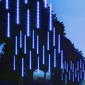 FUNPENY Meteor Shower Rain Lights, 288 LED Christmas Lights Icicle Snow Falling Christmas Lights Outdoor Raindrop Lights, 30cm 8 Tubes Xmas Tree Holiday Decoration (Blue)