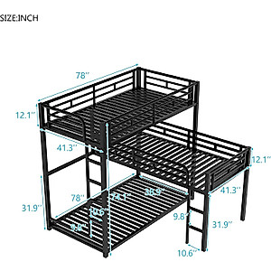 DNYN Twin Over Twin Triple Bunk Bed,L-Shaped Metal Bunkbeds with Safety Guardrails & Ladder,3 in 1 Sturdy Steel Bedframe,No Box Spring Needed & Space Saving Deisn, Black