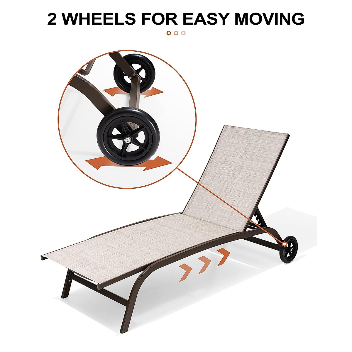 Crestlive Products Aluminum Chaise Lounge Chairs with Wheels Outdoor Adjustable Recliner Five-Position and Full Flat All Weather for Patio, Beach, Yard, Pool (2PCS Beige)