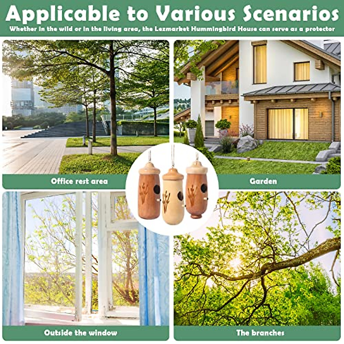 Lezmarket Hummingbird House, 3 Shapes Hummingbird Houses for Outside Hanging for Nesting, Boxwood Hummingbird Nest with Nesting Material & Red Ribbon, for Garden Decoration Wild Bird Conservation.