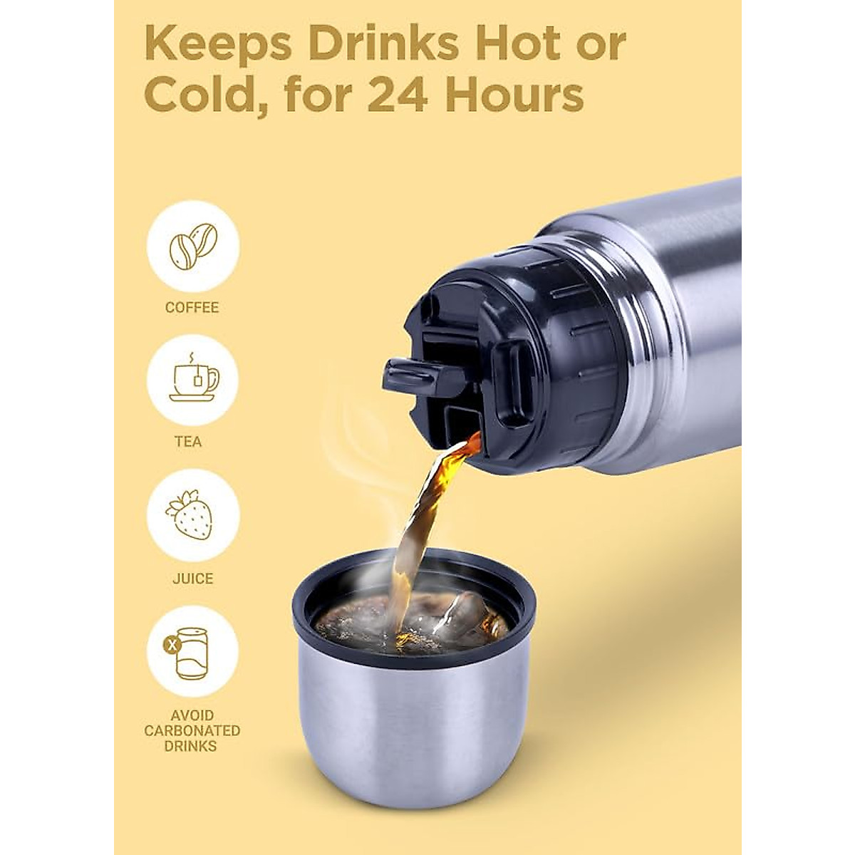 Milton Thermosteel Flip Lid Flask 1000, Double Walled Vacuum Insulated 1000 ml | 34 oz | 1 qt. | 24 Hours Hot and Cold Water Bottle with Cover, 18/8 Stainless Steel, BPA Free, Leak-Proof | Silver