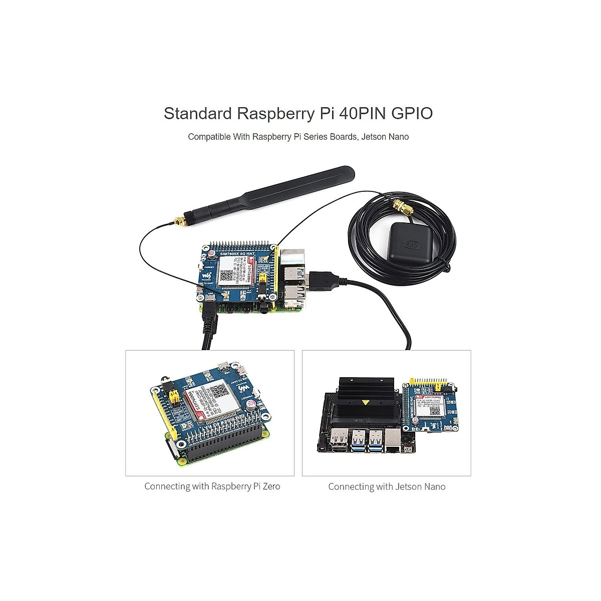 Waveshare 4G/3G/GNSS HAT for Raspberry Pi Zero/Zero W/Zero WH/2B/3B/3B+ Jetson Nano Based on SIM7600A-H LTE CAT4 up to 150Mbps Support Phone Call Wireless Communication