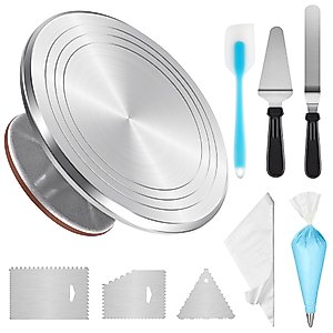 Syntus Aluminum Alloy Cake Stand, 12 Inch Cake Turntable for Decorating with Angled Silicone Icing Spatula, Cake Comb Smoother, Pie Server Cutter, Disposable Piping Bags, 27 Pieces Baking Supplies
