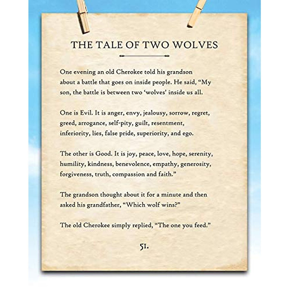The Tale of Two Wolves Cherokee Poster - 11x14 Unframed Native American Book Page Print - Great Motivational and Inspirational Gift for Home and Office Native American Decor Under $15