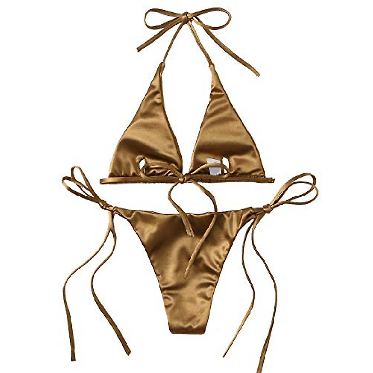 SOLY HUX Women's Metallic Halter Top Two Piece Swimsuit Tie Side Triangle Thong Bikini Bathing Swimwear Gold M