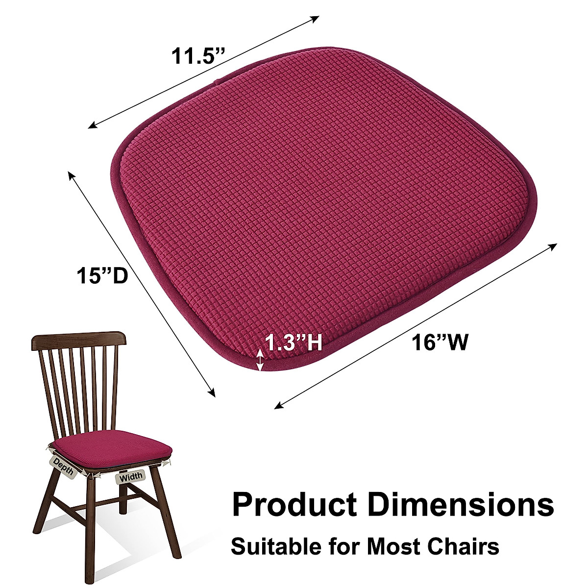 Shinnwa Dining Chair Cushions 2 Pack, Non Slip Indoor Chair Pads, U-Shaped Kitchen Seat Cushions, Set of 2, 15 x 16 Inches, Burgundy