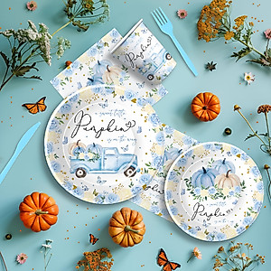 Srua Don Pumpkin Baby Shower Decorations Tableware, Blue Little Pumpkin Baby Shower Party Supplies, Plate, Cup, Napkin, Cutlery, Tablecloth, Thanksgiving Fall Pumpkin Baby Boy Decorations, Serve 24