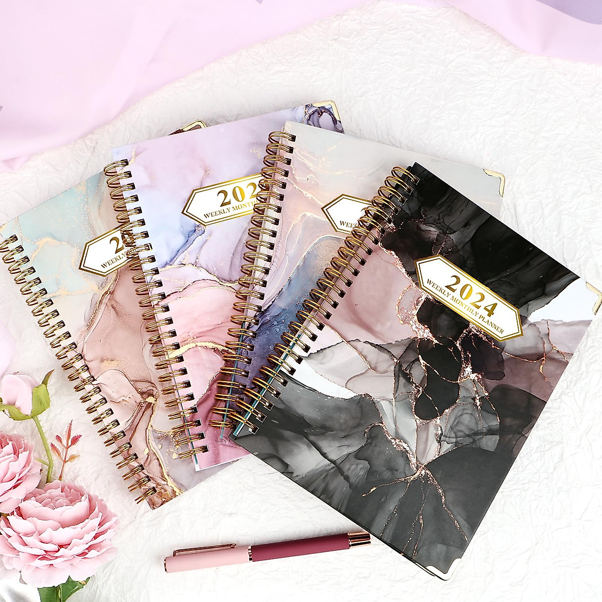 Knagsfa 2024 Monthly Planner, Jan 2024 - Dec 2024 Weekly Monthly Planner 6.5" x 8.5" with Page Tabs, Calendar Hardcover with Inner Pocket, Elastic Band, Twin-Wire Binding, Bookmark,Black Pink Marble