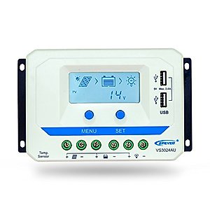 EPEVER Solar Charge Controller 30A PWM VS3024AU with Dual USB Ports Solar Panel Battery Regulator 12V/24V Auto Work with LCD Display (30A)
