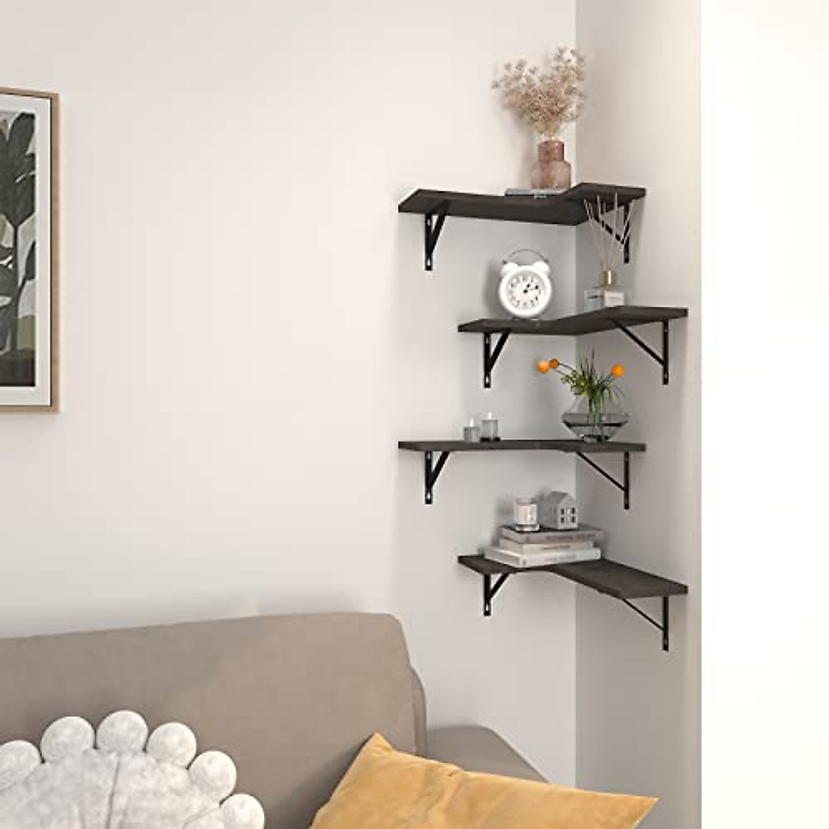 Corner Floating Shelves Set of 4, Rustic Corner Shelf Wall Mounted Organizer Displays Storage Rack, Wood Wall Shelf for Bedroom Kitchen Living Room Bathroom Office