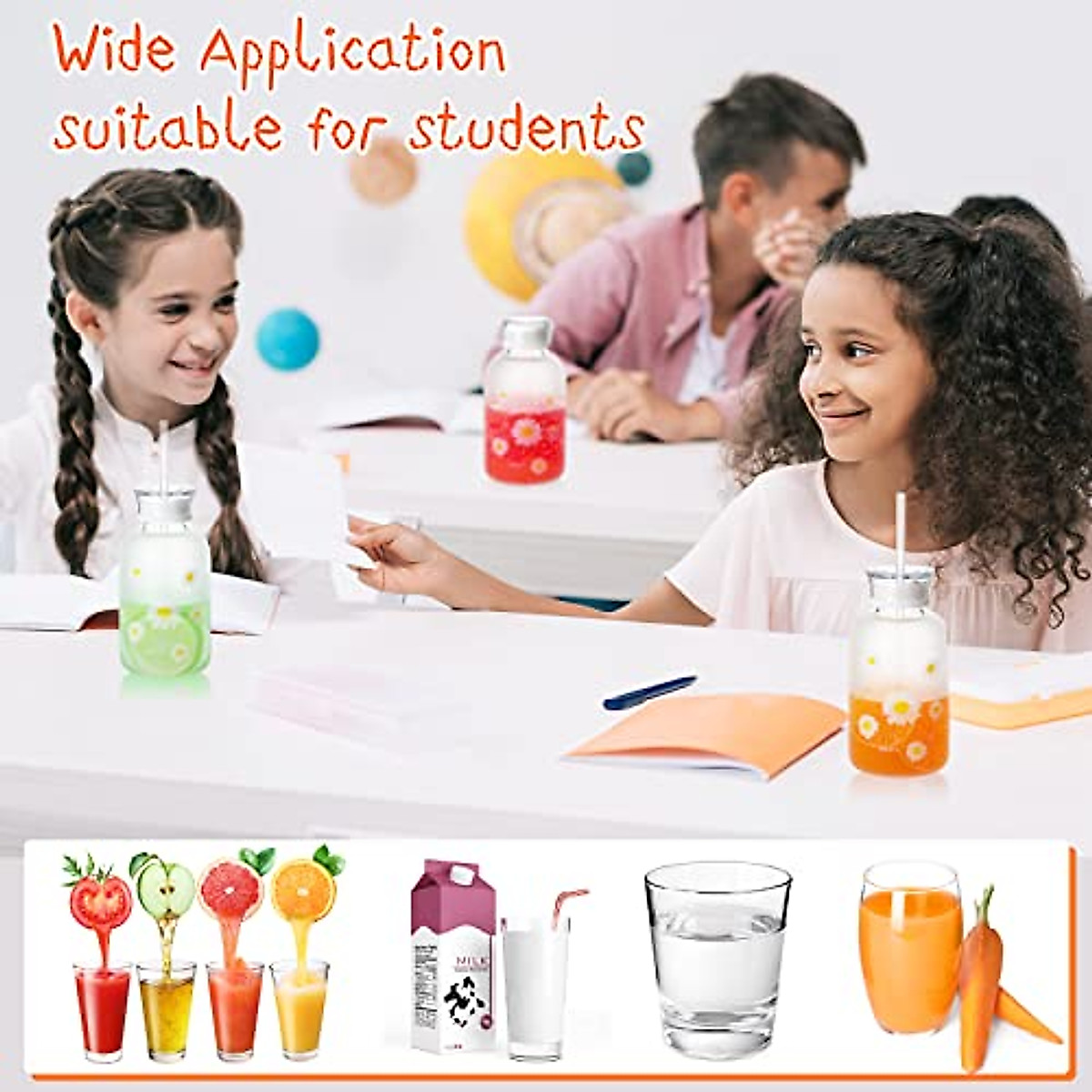 3 Pcs 480ml/16oz Cute Glass Water Bottles Reusable Aesthetic Milk Juice Water Bottles with Scale 6 Lids and 3 Straws Portable Matte Glass Cups Little Daisy Kawaii Frosted Bottles for Women Girls