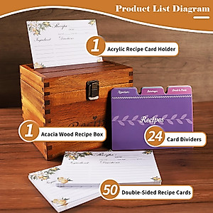 Acacia Recipe Box with 50 Blank Recipe Cards and 24 Dividers | Wooden Recipe Box with Divider Tabs, 2 Compartment | Wood Recipe Box with Double Sided 4 x 6 Recipe Cards and Box Set