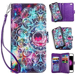 Vofolen 2-in-1 Case for iPhone 8 case iPhone 7 SE 2020 Wallet Card Holder Slot Detachable Strap Protective Slim Hard Shell Magnetic PU Leather Folio Pocket Flip Cover for iPhone 7 8 SE2 Mandala Purple