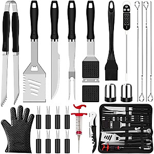 ROMANTICIST 26pcs Grilling Accessories Kit for Men Women, Stainless Steel Heavy Duty BBQ Tools with Glove and Corkscrew, Grill Utensils Set in Portable Canvas Bag for Outdoor,Camping,Backyard,Black