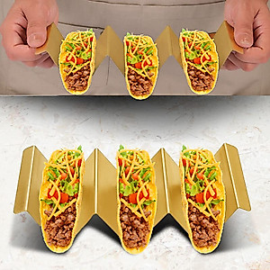 ZJZ Taco Holders 2 Packs - Stainless Steel Taco Stand Rack Tray, Reversible Tortilla Holder Tray Can Hold 2 or 3 Shells, Oven, Grill and Dishwasher Safe (Gold)