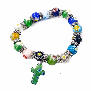 Nazareth Store Colorful Agate Stone Flower Beads Bracelet with Hanging Genuine Cross Spiritual Religious Gifts for Women and Men