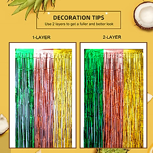 LOLStar Hawaiian Luau Party Decorations, 2 Packs of 3.3x6.6 ft Green Brown and Yellow Foil Fringe Curtains Tinsel Photo Booth Props, Streamer Backdrop for Hawaiian Tropical Party Decorations