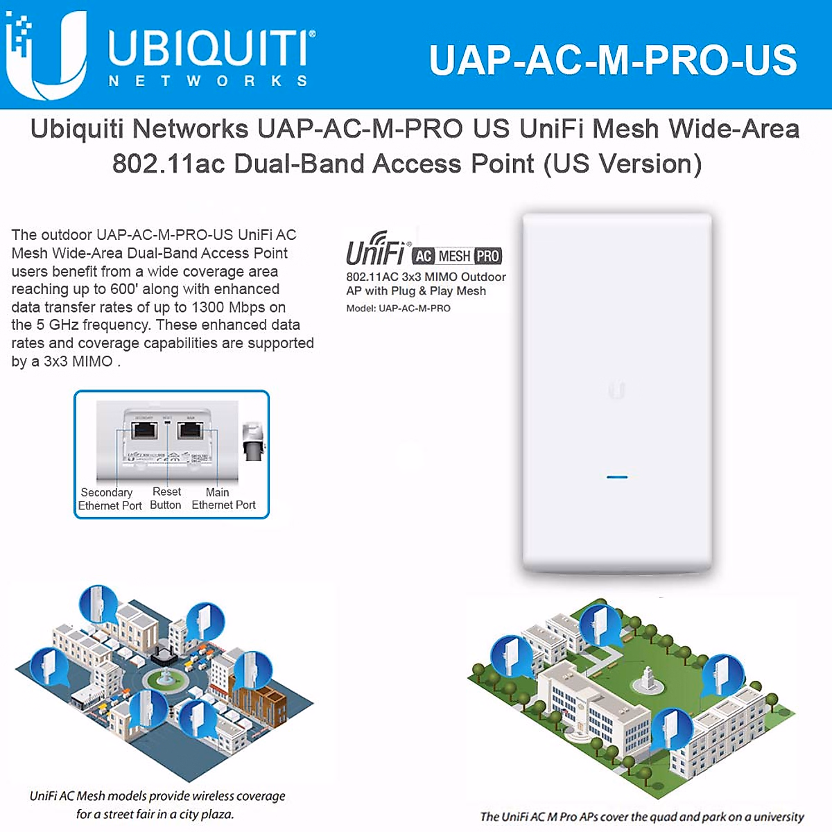 UniFi Mesh AC Pro UAP-AC-M-PRO-US 802.11AC 3x3 MIMO Outdoor Wi-Fi Access Point Wide-Area Dual-Band AP