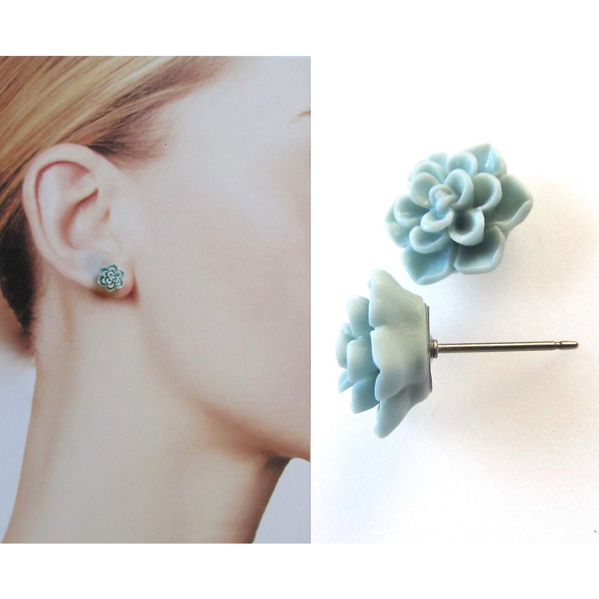 Titanium Succulent Earrings Hypoallergenic Cadmium & Nickel Free Posts - 3D Plastic 13mm Handmade Stud Earrings for Sensitive Ears (Matte Aqua Blue)