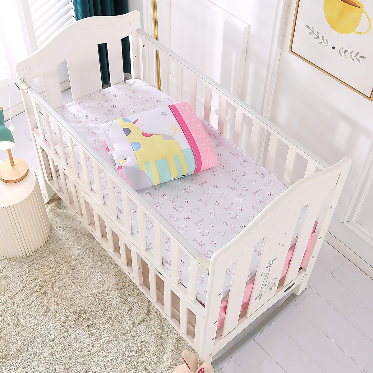 VIVILINEN Pink Elephant Crib Bedding Set for Girls 3 Pieces Giraffe Hedgehog Animals Infant Nursery Baby Crib Comforter Set with Crib Bed Blanket Quilt Fitted Sheet Skirt Set
