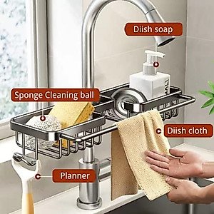 LuLusmoda Kitchen Sink Rack Faucet Sponge Holder Over The Sink Organizer Faucet Rack with Hook，A Free Dish Cloth Note：Round Pipe with Diameter 0.7-1.1 Inchs Can Be Used(Aluminum，Double,Elegant Gray