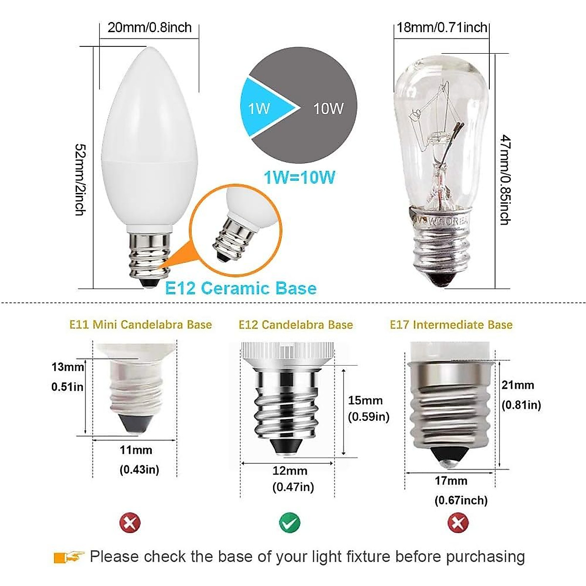 TAIYALOO LED C7 S6 1W Night Light Bulbs, 10 Watt Light Bulbs Equivalent, Warm White 3000K, E12 Candelabra Base, Small Light Bulb for Bedroom Porch, Hallways, Salt Lamp, Chandeliers (5 Pack)
