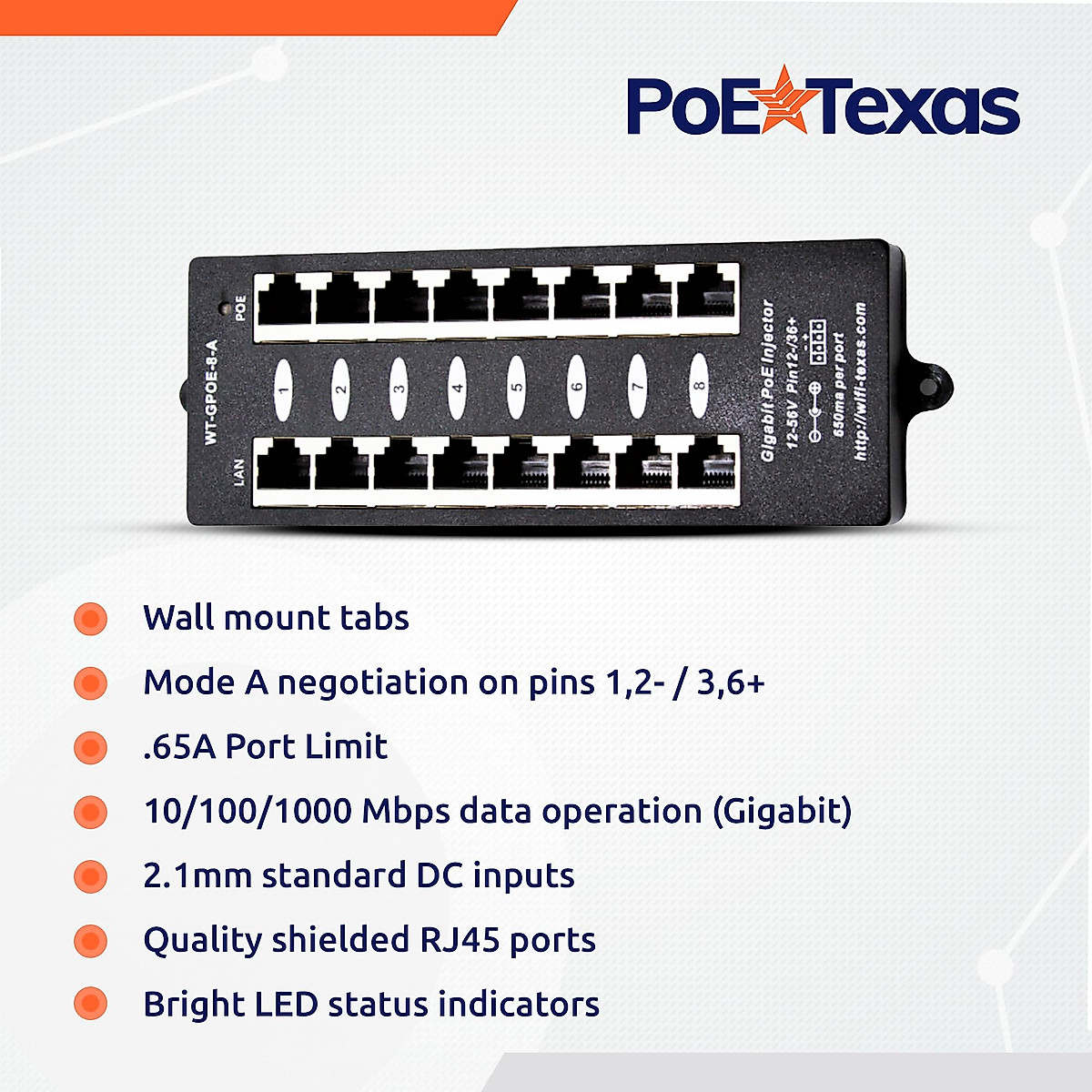 PoE Texas 8 Port PoE Injector - Gigabit Passive Power Over Ethernet Midspan - Front Wall Mount for Security Cameras, IP Phones, WiFi APs - Works with Non-PoE Switch, Includes 48v 120w Power Supply