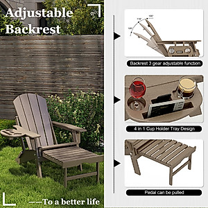 FOOWIN Adirondack Chair with Retractable Ottoman,HDPE Folding Adjustable Adirondack Chair w/4 in 1 Cup Holder Trays,All-Weather Resistant Fire Pit Chair for Outdoor Patio Lawn Set of 2