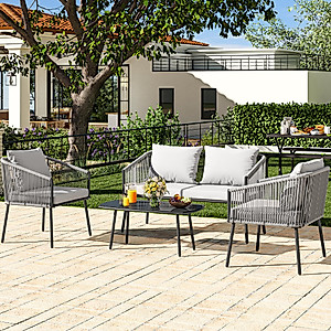 YITAHOME 4-Piece Patio Furniture Outdoor Bistro Set, All Weather Double Gray Rope Conversation Loveseat for Backyard, Balcony, Deck with Soft Cushions and Metal Table (Gray)