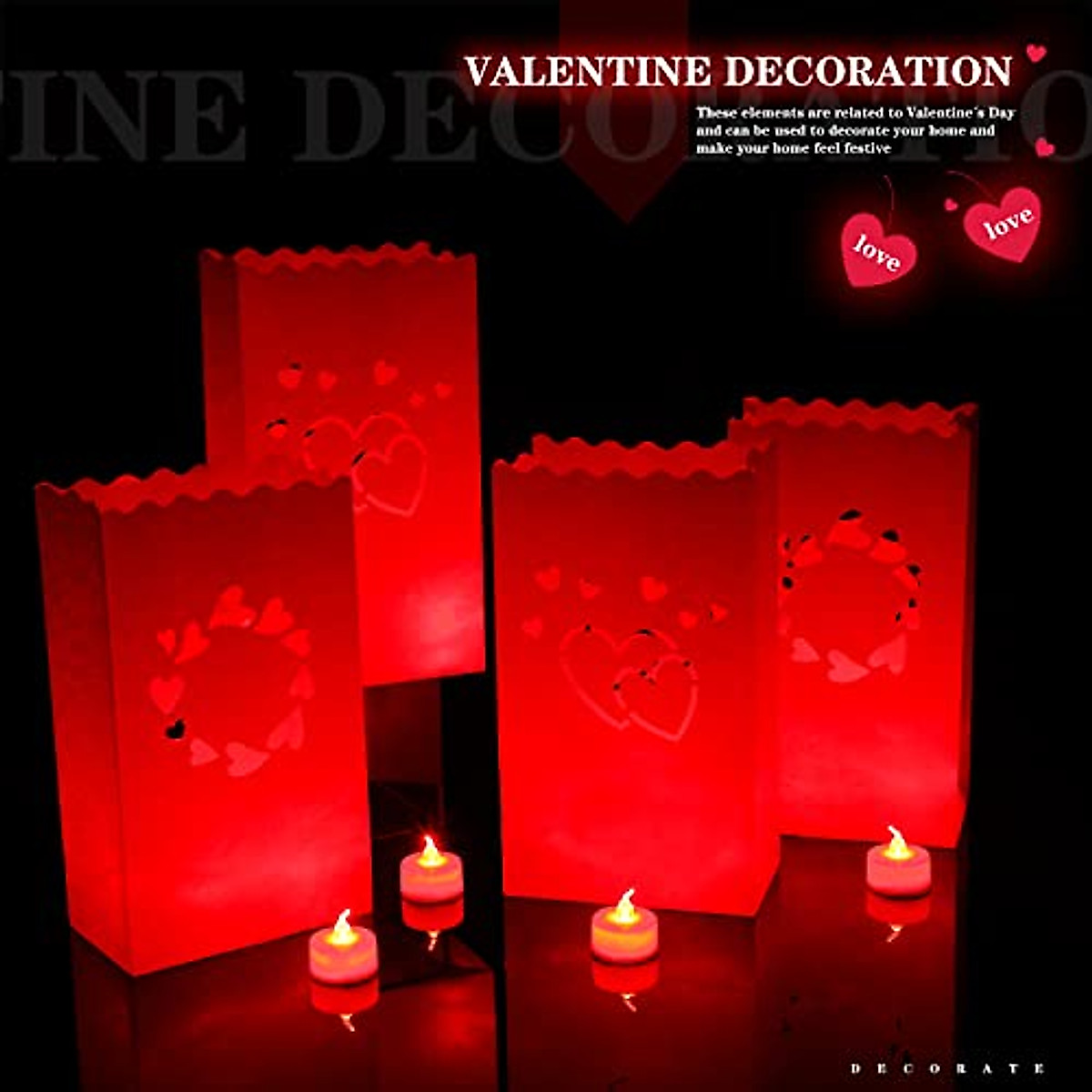 12 Pieces Luminary Paper Bags with 12 Pcs LED Flameless Candle Red Hearth Luminaries Paper Bags Flame Resistant Candle Bag for Valentine's Day Wedding Outdoor Party Home Decoration