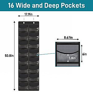 Fixwal Baseball Hat Rack, 16 Pocket Over The Door Cap Organizer Cap Hat Holder Hanger For Closet With Large Clear Pockets & 2 Hooks, Hat Storage to Protect and Display, Black